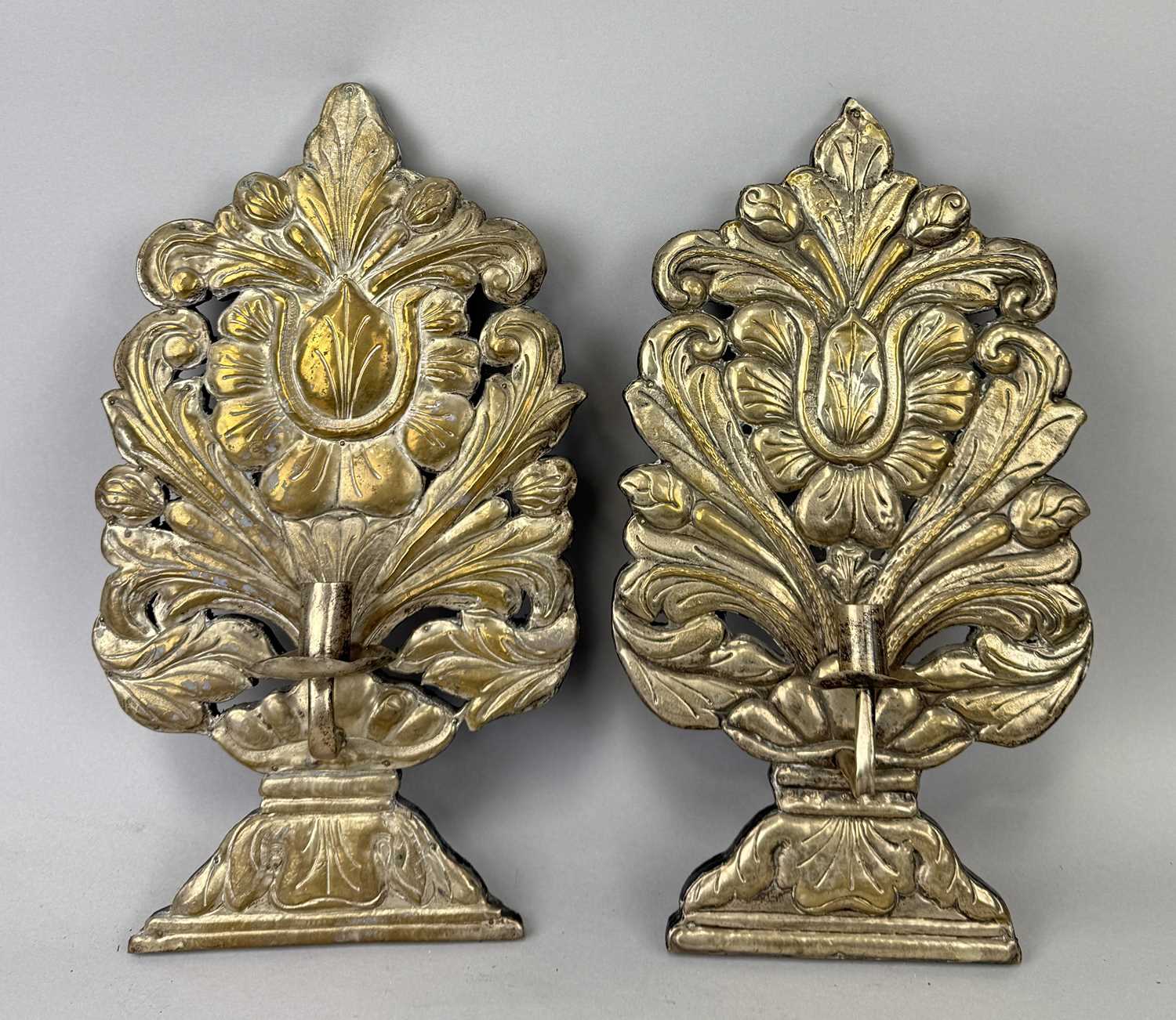 Lot 97 - A PAIR OF SPANISH COLONIAL WALL SCONCES,