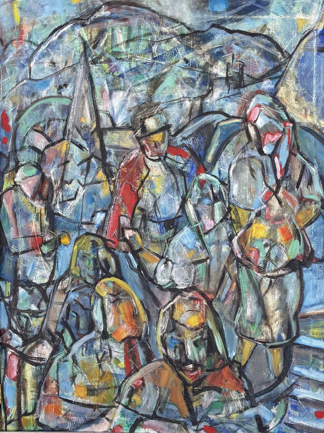 Lot 717 - AN OIL ON BOARD DEPICTING ABSTRACT CUBIST