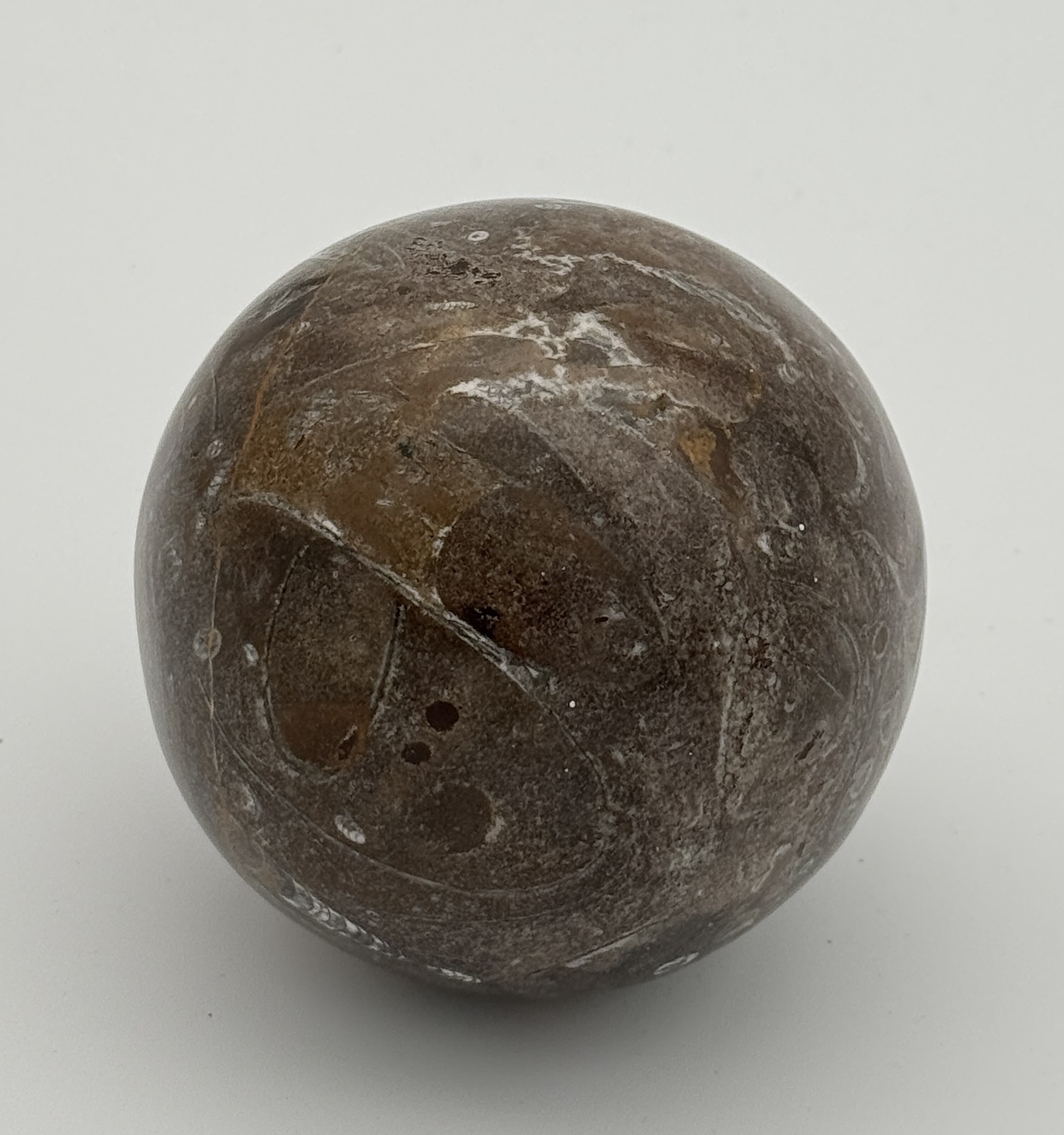 Lot 897 - A STONE MARBLE BALL WITH EMBEDDED FOSSILS