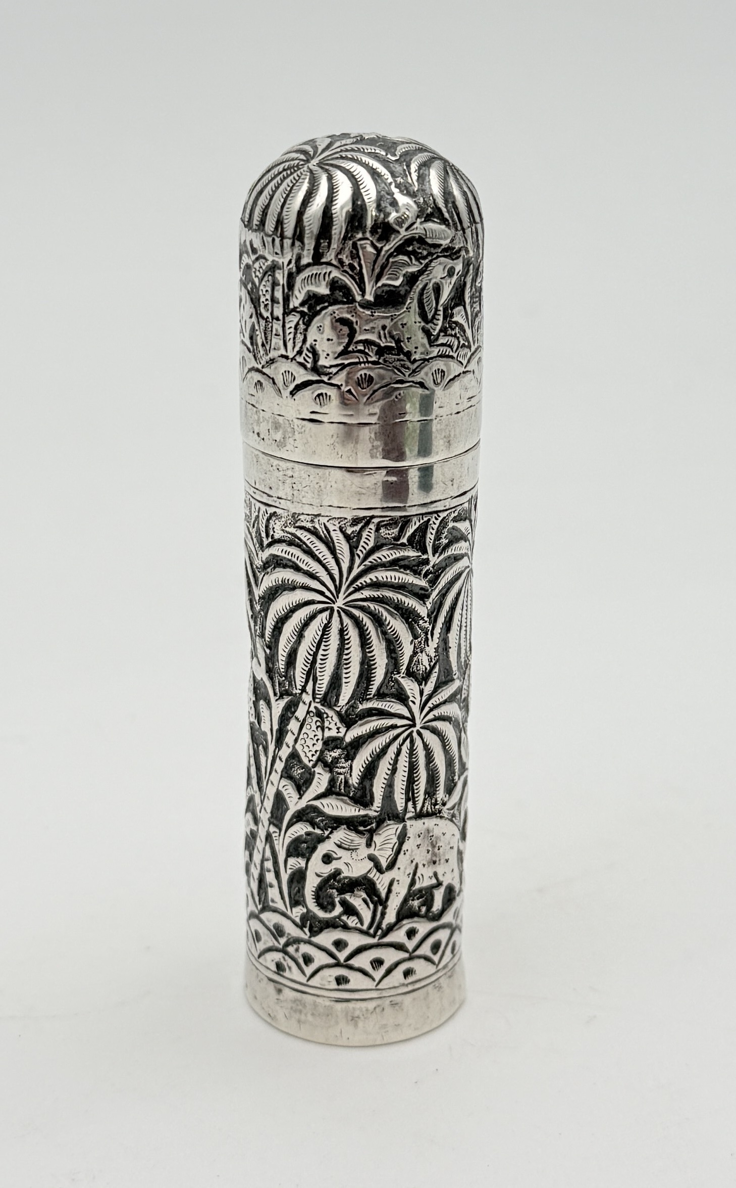 Lot 236 - AN INDIAN SILVER CIGAR BOX WITH PALM TREES